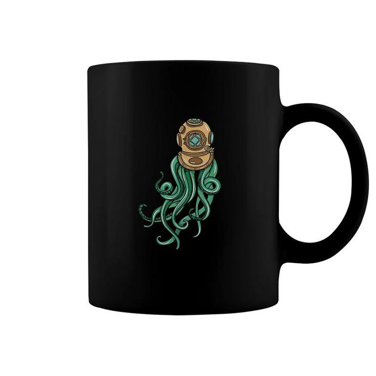 Scuba Diver Octopus Illustration Coffee Mug | Mazezy