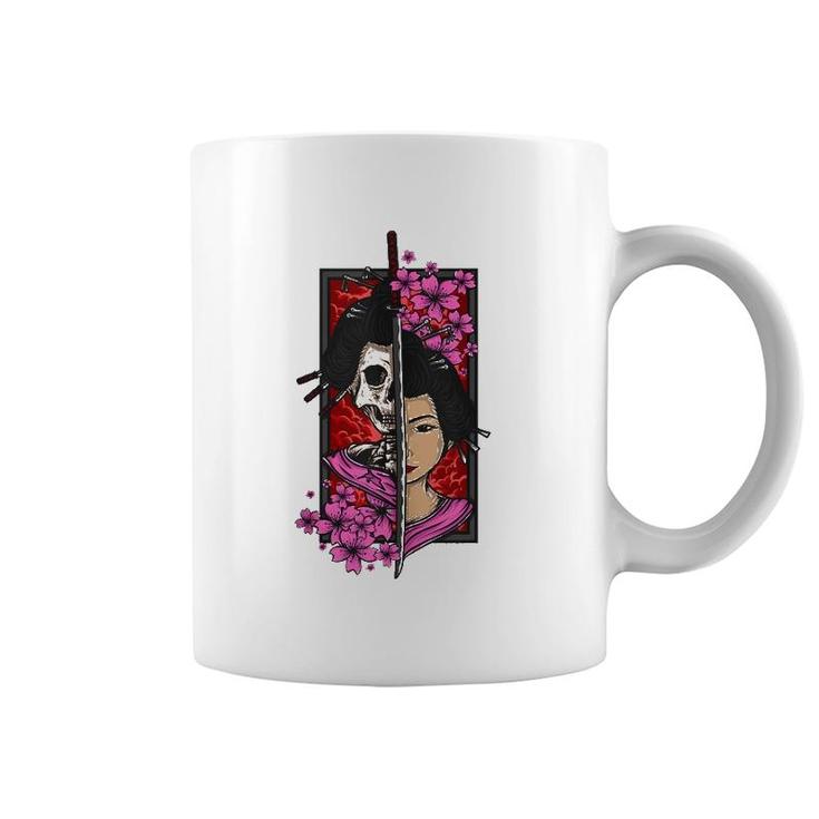 Geisha With Katana And Sakura Cherry Blossom Samurai Coffee Mug | Mazezy