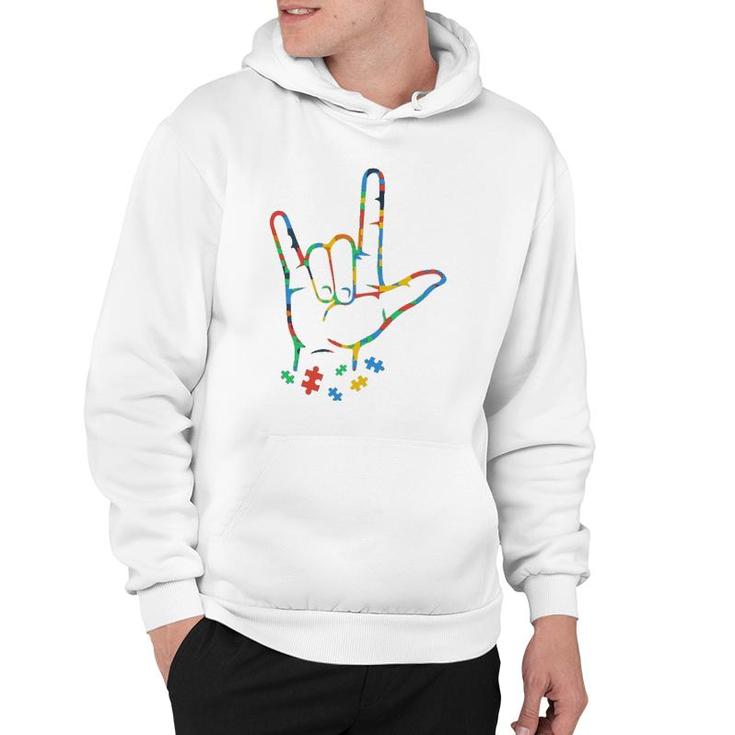 Autism Colorful Puzzle Asl Hand Sign Language Hoodie | Mazezy