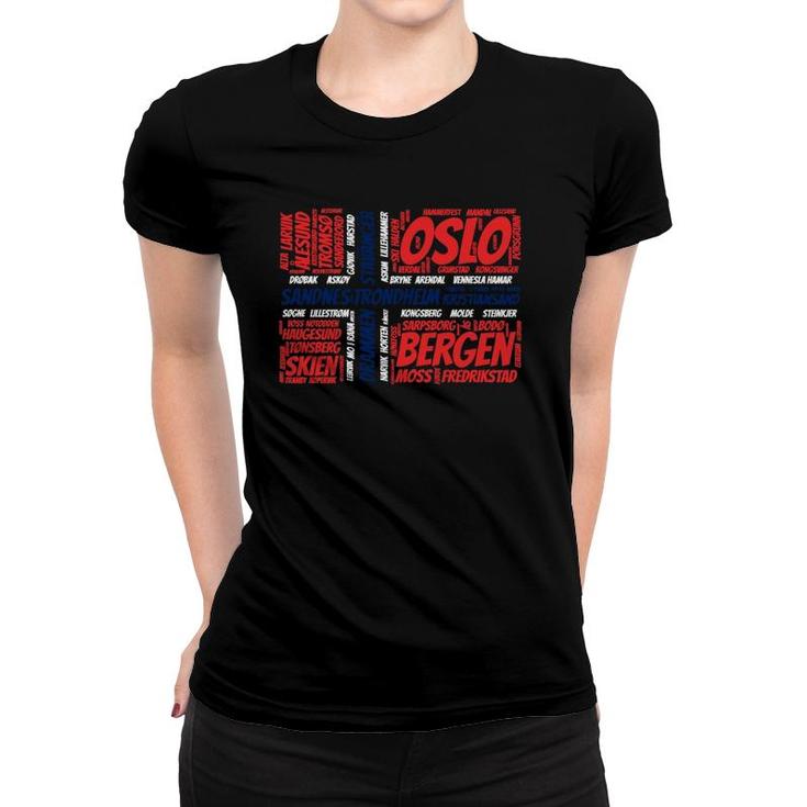 Norway Flag With City Names Oslo Bergen Word Art Women T-shirt | Mazezy