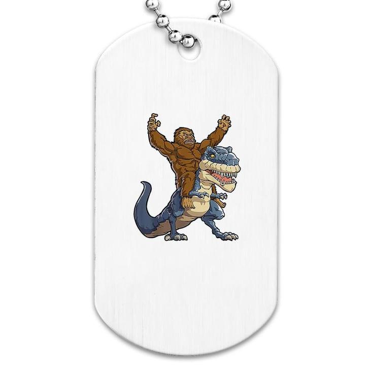 Bigfoot Sasquatch Riding Dinosaur T Rex Dog Tag | Mazezy