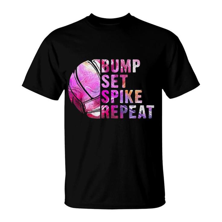 Bump Set Spike Repeat Volleyball T-Shirt | Mazezy