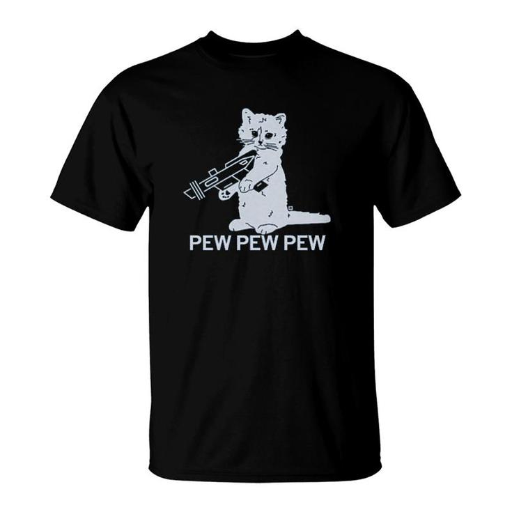 Cat Pew Pew Pew Blue Funny T-Shirt | Mazezy