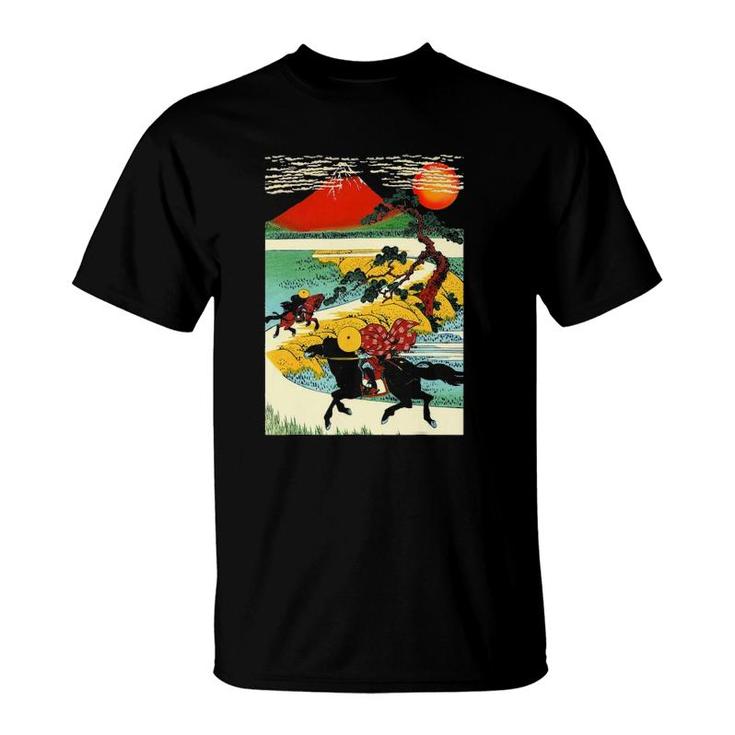 Edo Japan Traveler, Red Mount Fuji Ukiyo Woodblock T-Shirt | Mazezy