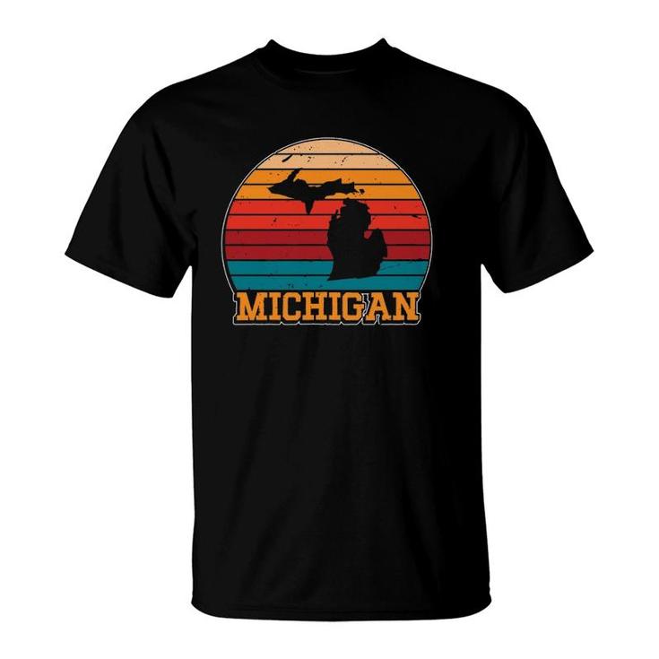 Michigan Retro Vintage Sunset Us State Michigan Silhouette T-Shirt | Mazezy