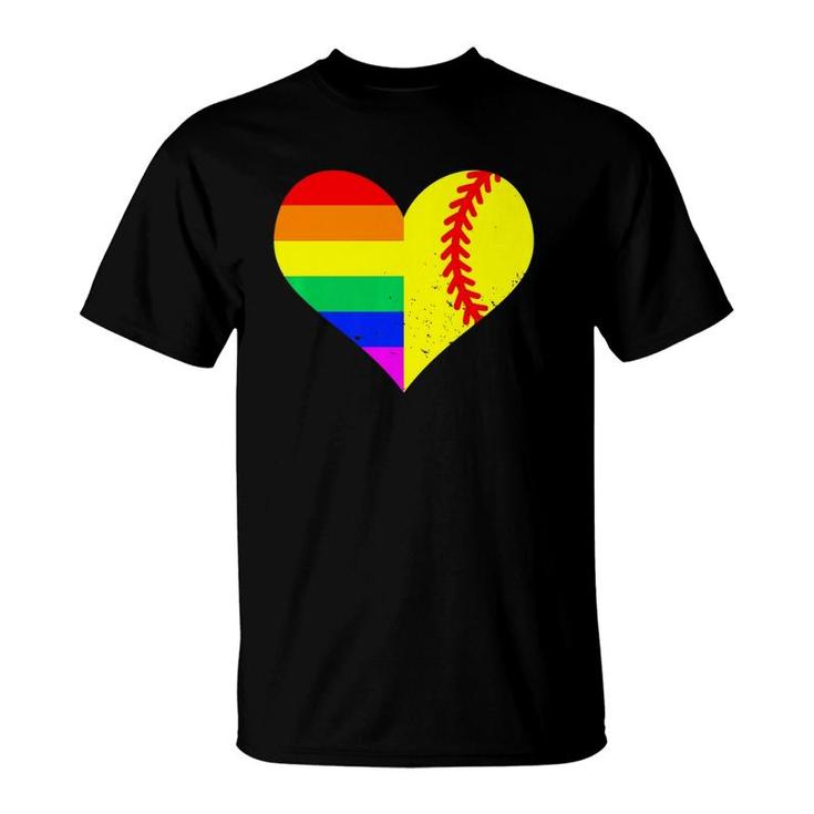Softball Lgbt Pride Heart Funny Softball Player T-Shirt | Mazezy