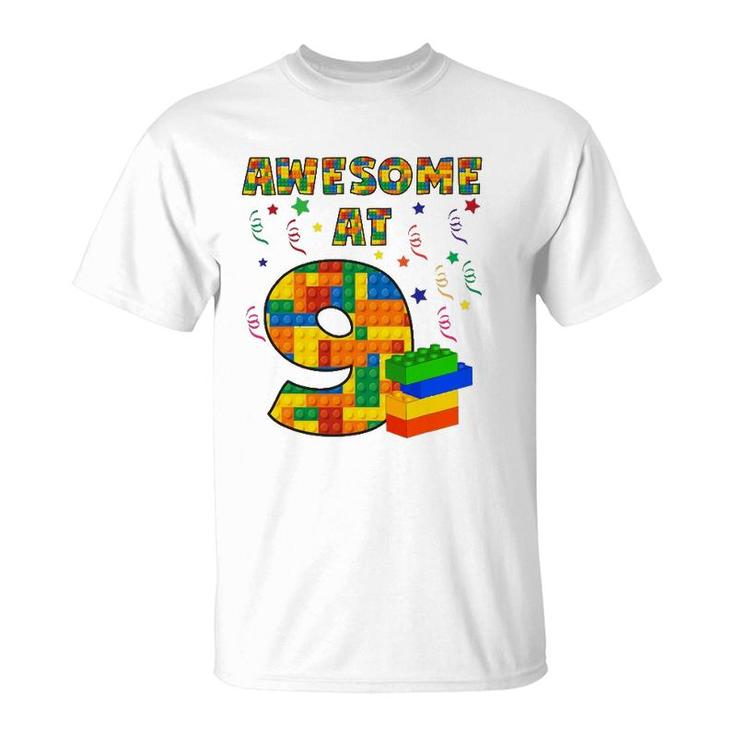 Birthday Boys Age 9 Nine Building Blocks Bricks Theme T-Shirt | Mazezy