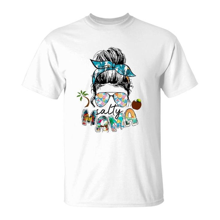 Salty Mama Hello Summer Beach Lover Summertime Messy Bun T-Shirt | Mazezy